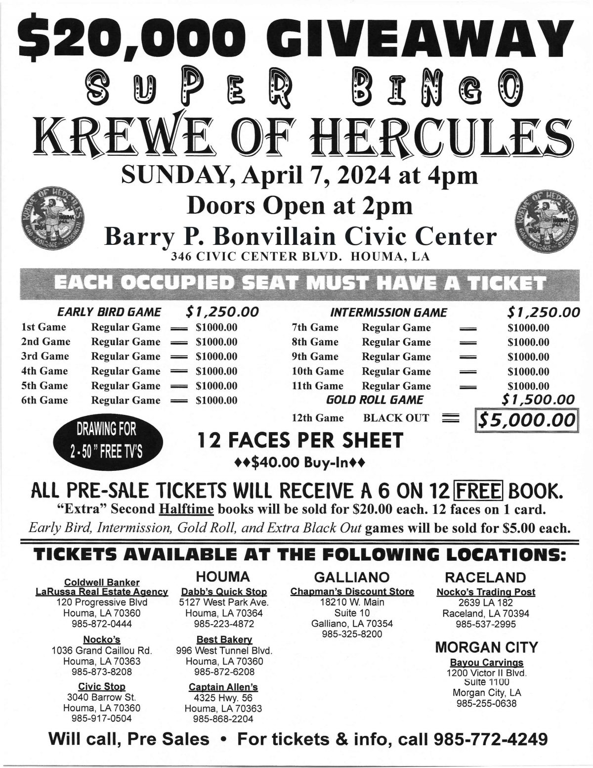 Super Bingo Presented by the Krewe of Hercules - Barry P. Bonvillain ...